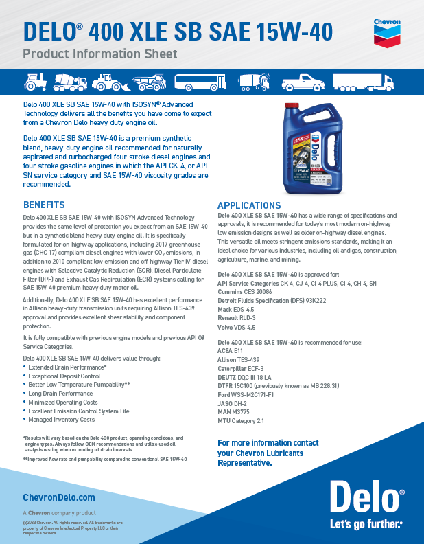 Delo 400 XLE SB 15W-40 | Chevron Lubricants (US)